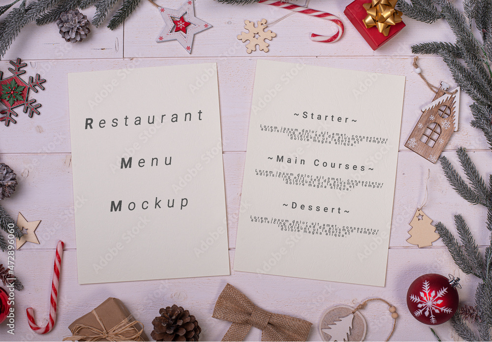 Two Pages Christmas Menu on White Wooden Restaurant Table with Holyday ...