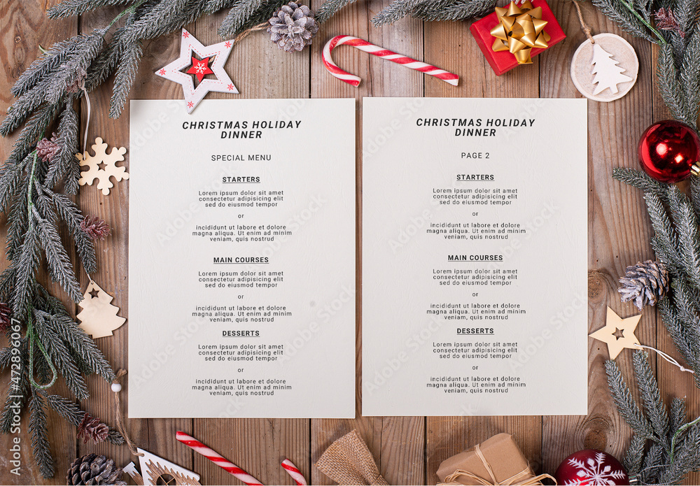 Two Pages Christmas Menu on Wooden Restaurant Table with Holyday ...