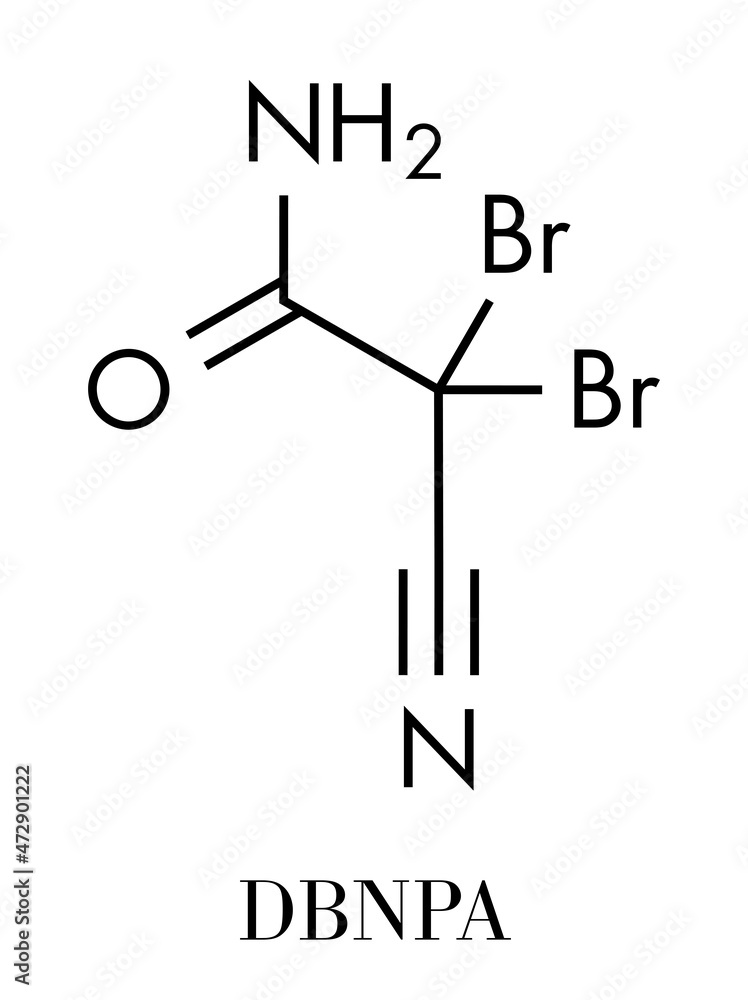 DBNPA (2,2-dibromo-3-nitrilopropionamide) biocide, chemical structure ...