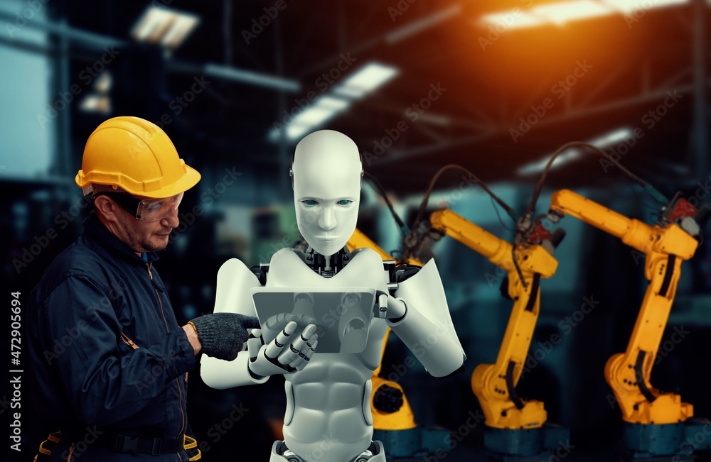 Mechanized industry robot and human worker working together in future ...