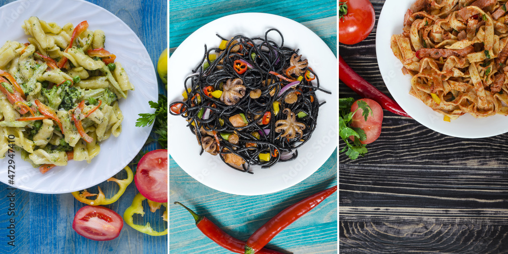 Collage of different types of pasta. Pasta dishes in close-up ...