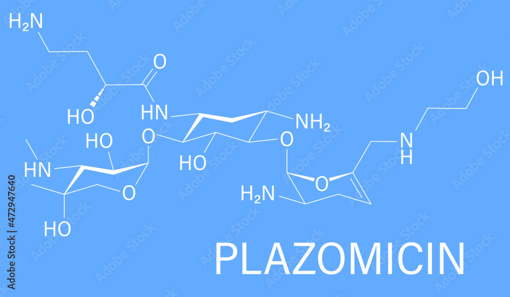 Plazomicin antibiotic drug molecule, aminoglycoside class. Skeletal ...