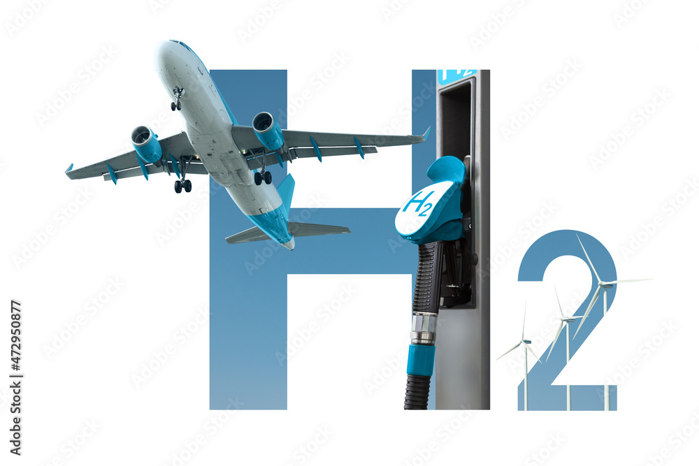 Poster Collage of H2 symbol, airplane, hydrogen filling station and ...