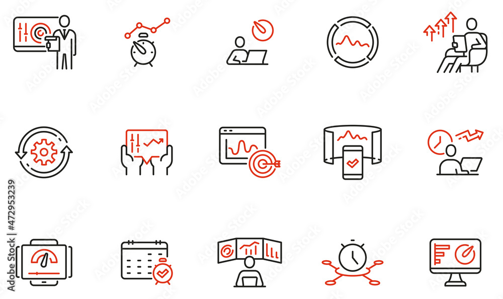 Vector set of linear icons related to productivity time, task ...