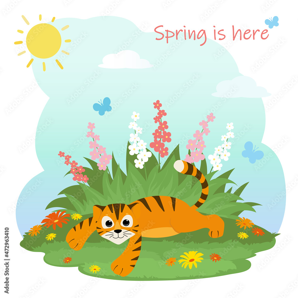 Cute tiger cub in the grass with flowers and butterflies. Concept hello ...
