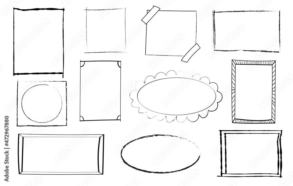 Hand drawn set of simple frames and borders with different shapes ...