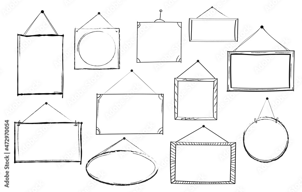 Hand drawn set of open and closed door sign frame and borders. Doodle ...