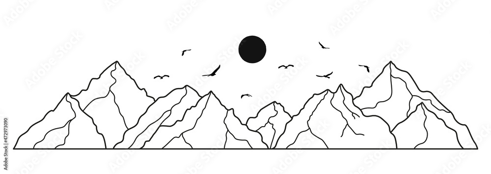 Mountain landscape line art. Minimal outline vector background with ...