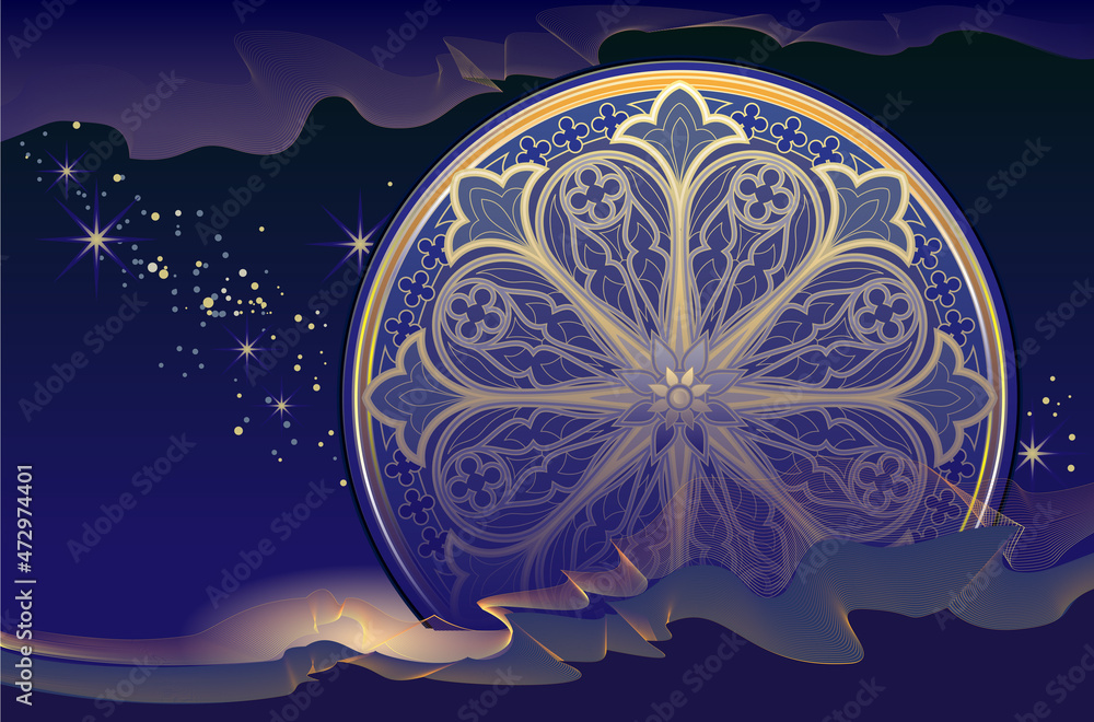 Vecteur Stock Fantasy abstract background with magic sign. Dark blue ...