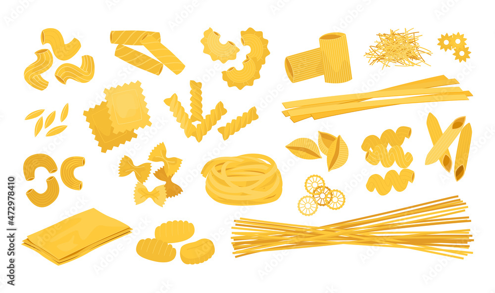 Doodle spaghetti. Cartoon Italian wheat pasta food. Macaroni types ...