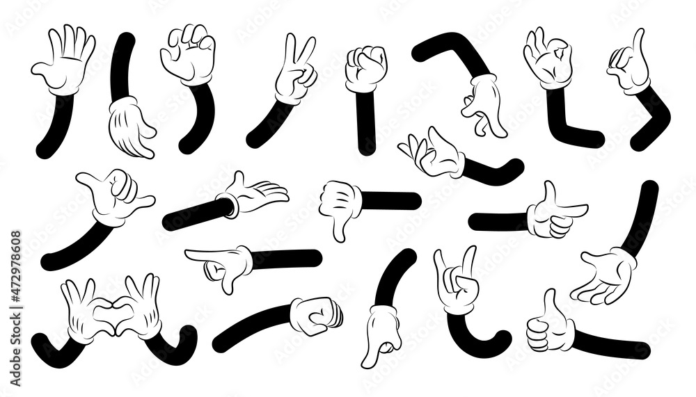 Cartoon arms. Doodle human character hands with white gloves showing ...