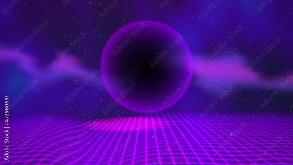 Purple neon grid with big disco ball and sky stars in 80s style, motion ...