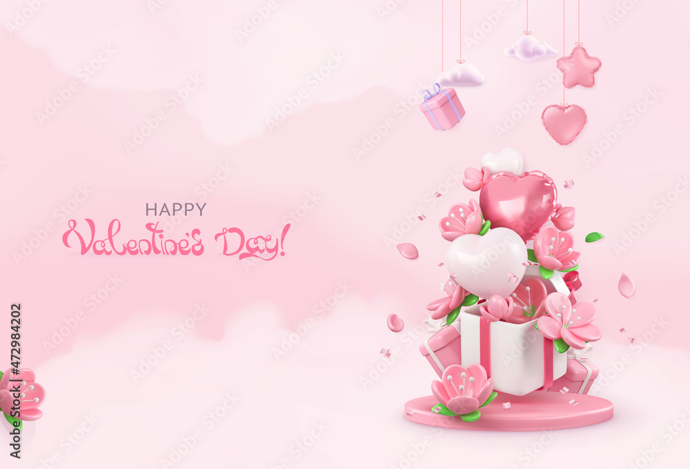 Happy Valentines day poster. 3d realistic render vector illustration ...