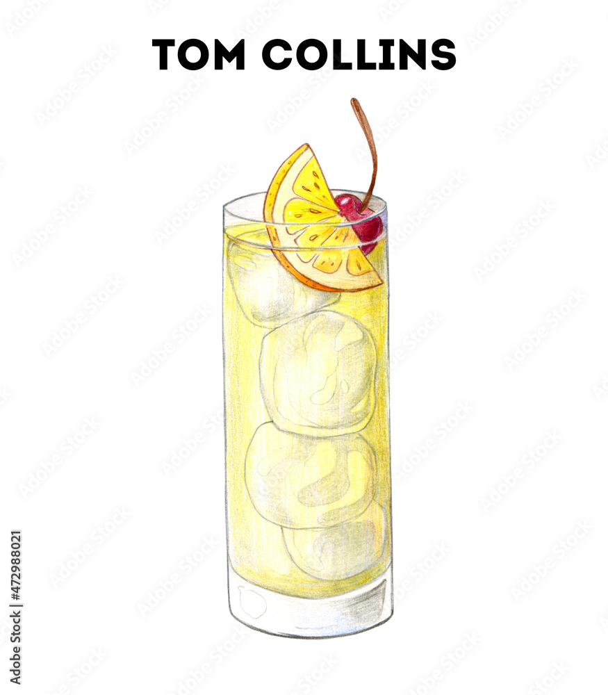 Tom Collins cocktail illustration. Alcoholic cocktail hand drawn ...