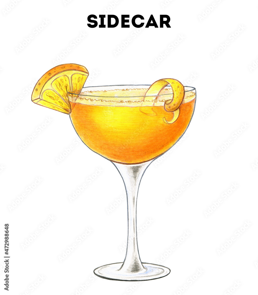 Sidecar cocktail illustration. Alcoholic cocktail hand drawn ...
