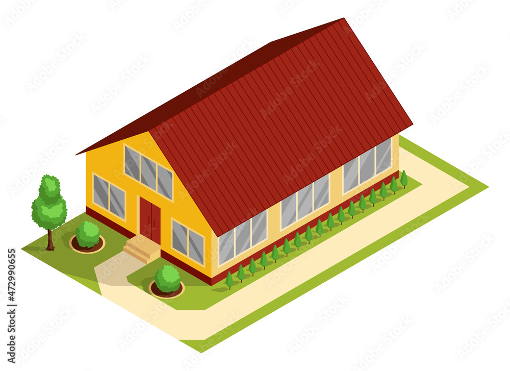 Isometric rural farm. Farmer house or mansion with a red roof and a ...