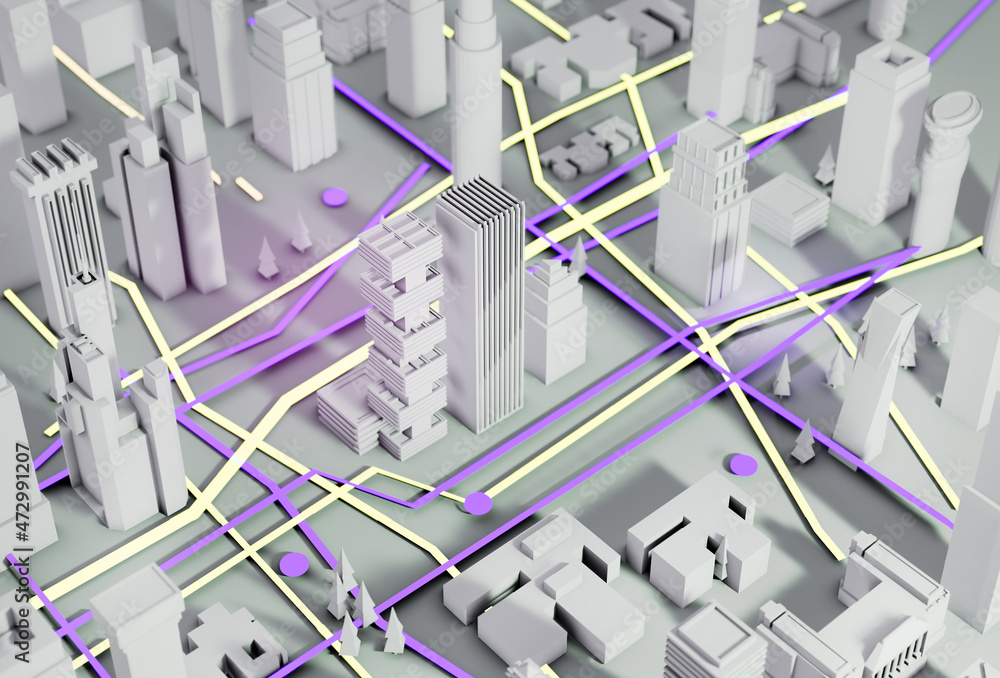 3D Render Abstract city. Modern City plan, streets and skyscrapers with ...