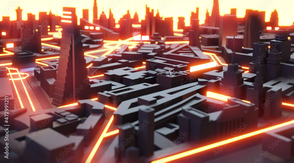 3D Render Abstract city. Modern City plan, streets and skyscrapers with ...