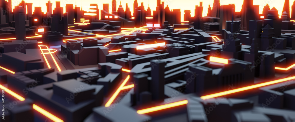 3D Render Abstract city. Modern City plan, streets and skyscrapers with ...