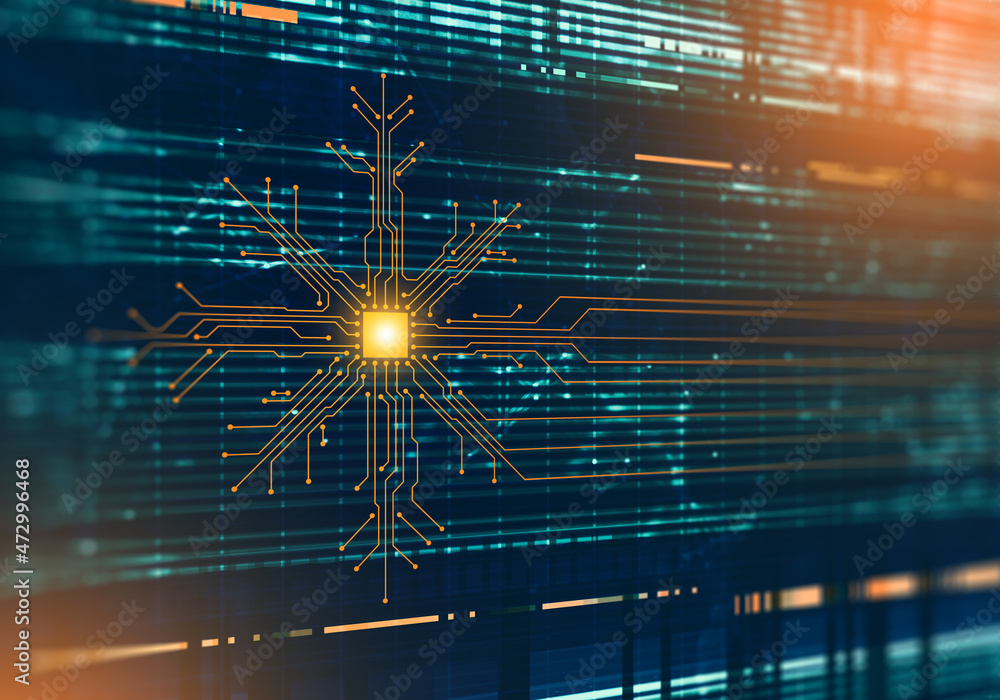 Abstract digital illustration of microchip core on snowflake shape on ...