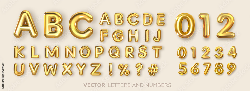 Set of gold isolated alphabet letters and numbers. Gold yellow metallic ...