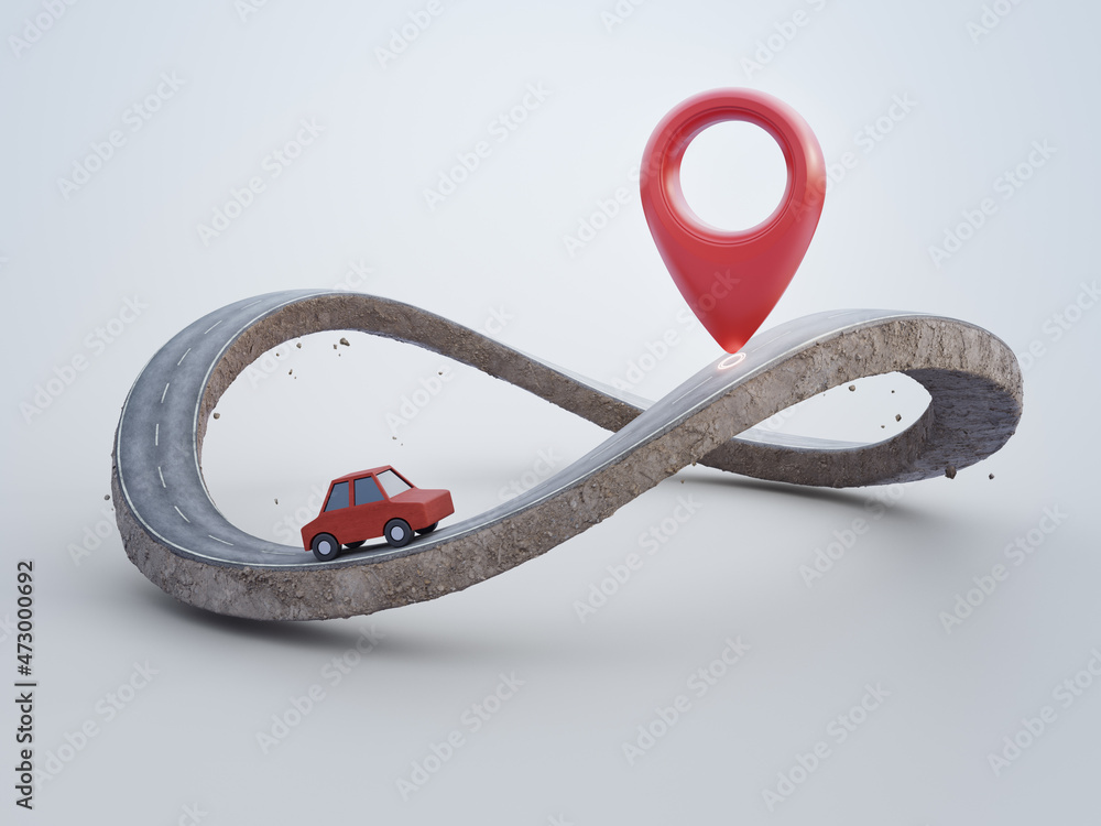 3D rendering of infinity symbol road in adventure route or insurance ...