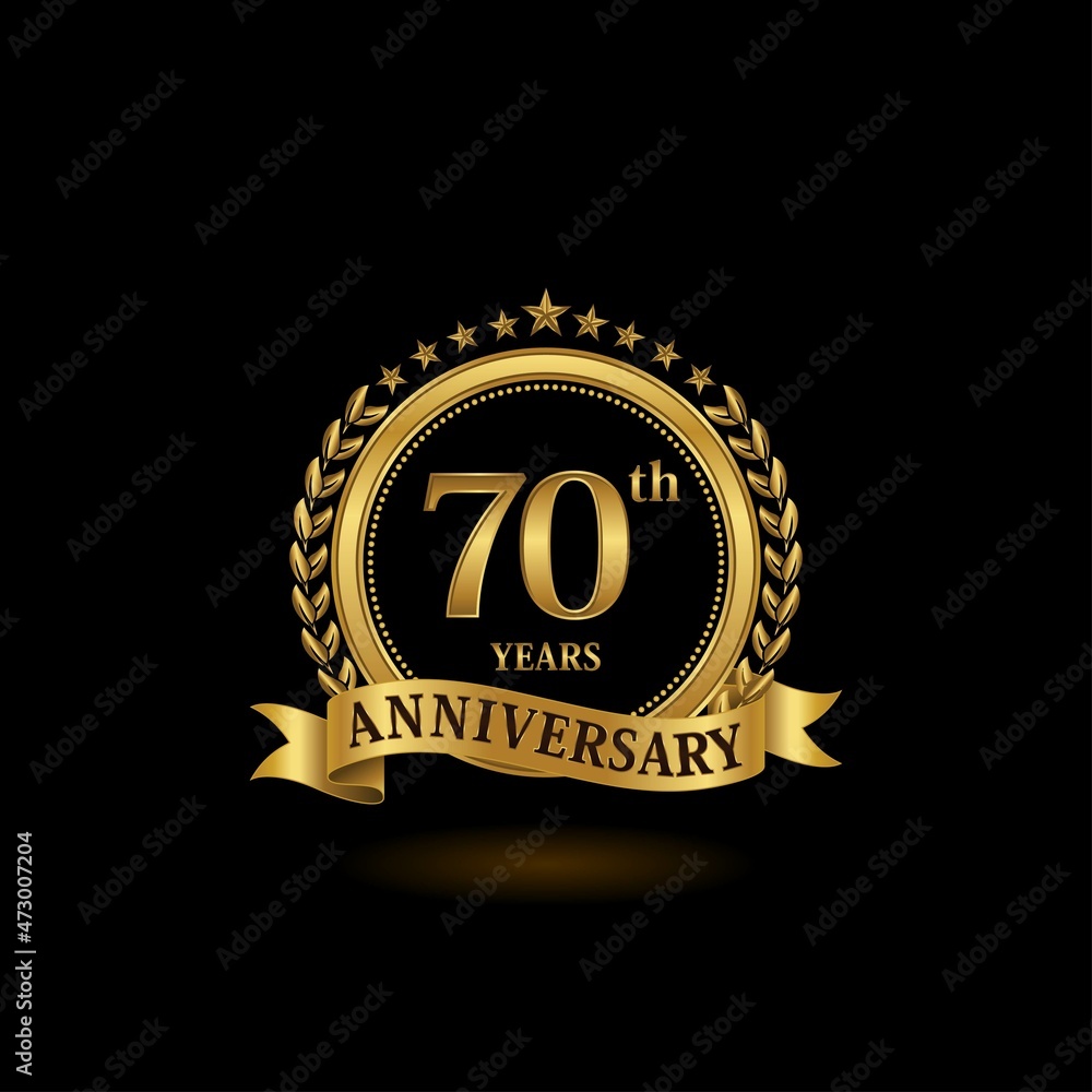70th golden anniversary logo with ring and ribbon, laurel wreath vector ...