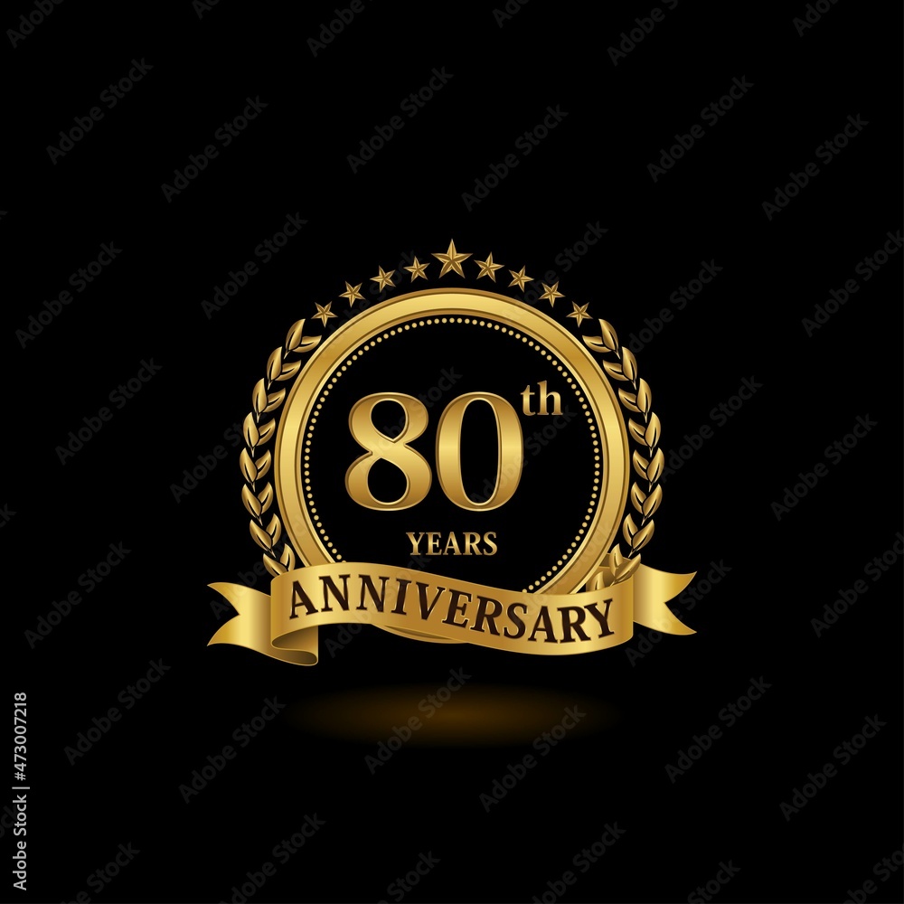 80th golden anniversary logo with ring and ribbon, laurel wreath vector ...