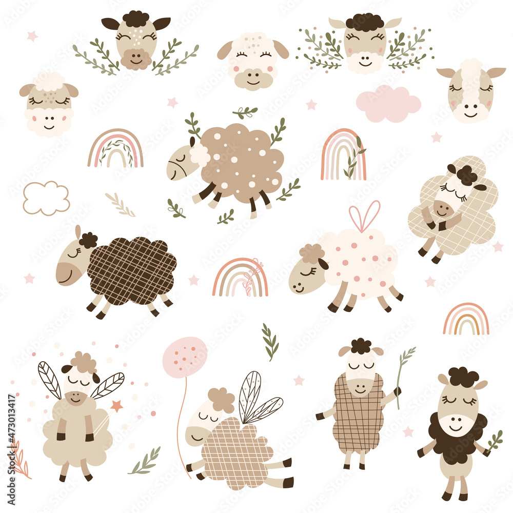 Baby Sheep and Rainbows Clipart. Vector illustration. Stock Vector ...