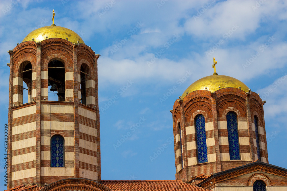 Religion symbol. Beautiful church towers with cross, toller and red ...