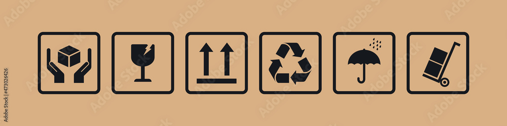 Packaging symbols set on cardboard background. Collection of cargo ...