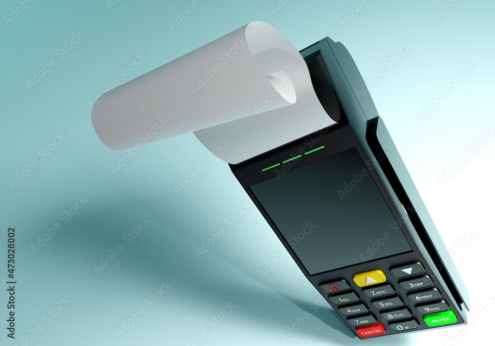 Credit card reader. Payment terminal with a roll of paper receipt. POS ...