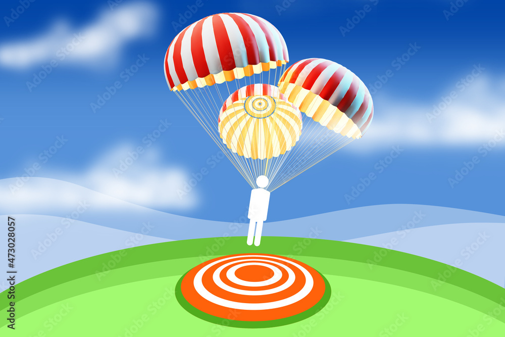 Businessman on parachute lands on target. Right on target. Symbol ...
