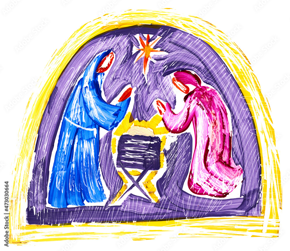 Drawing with oil paints on a religious theme. Jesus in the cradle above ...