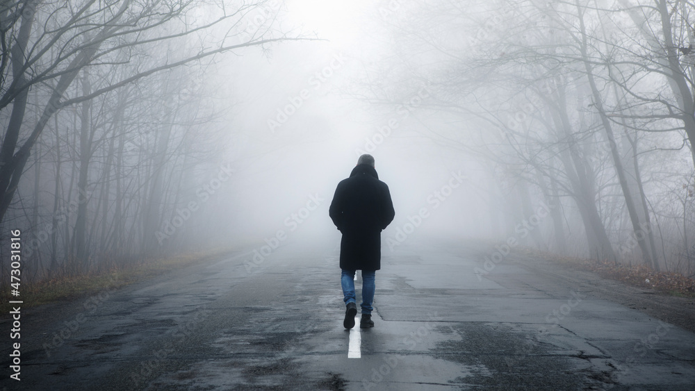 Man back view in fog landscape. Man walking alone on scary foggy misty ...
