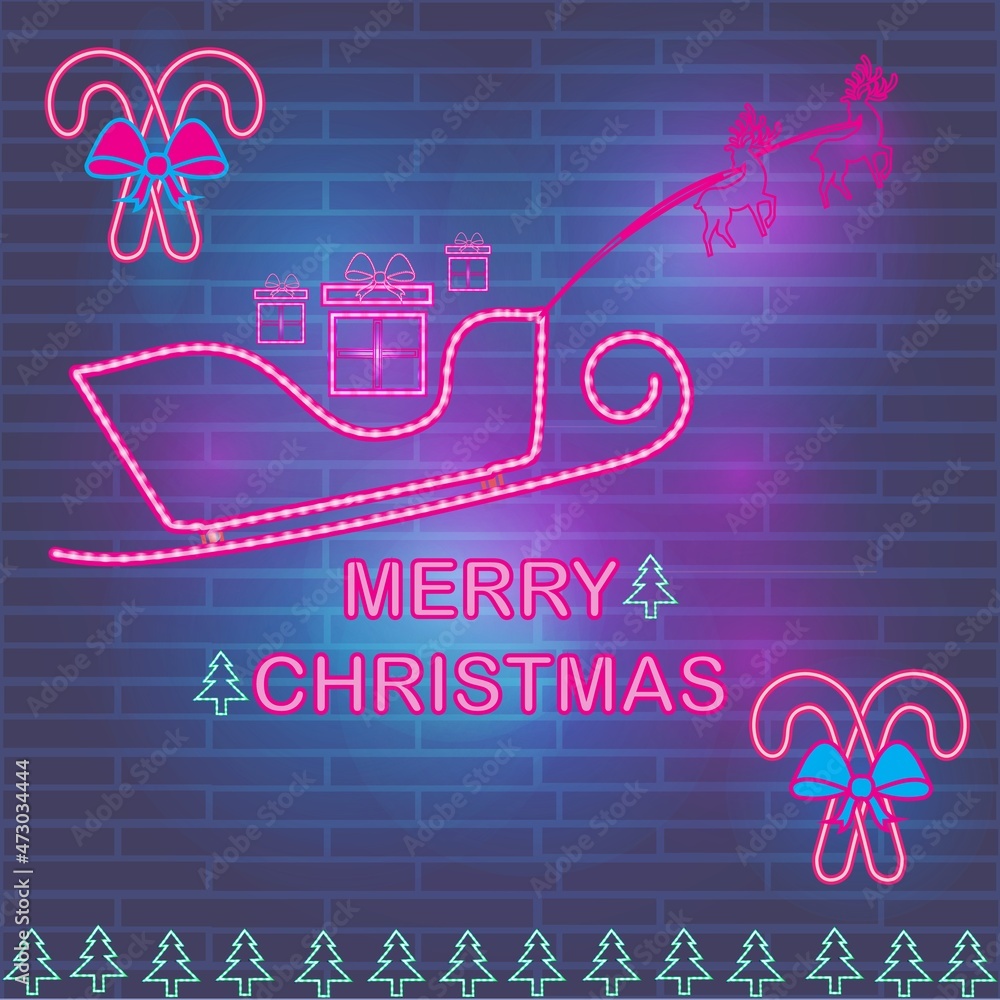 Merry Christmas in neon sign with candy canes, trees, gift boxes, Santa ...