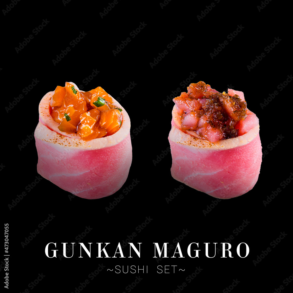 Set of Japanese Gunkan Maguro sushi different pieces with salmon, tuna ...