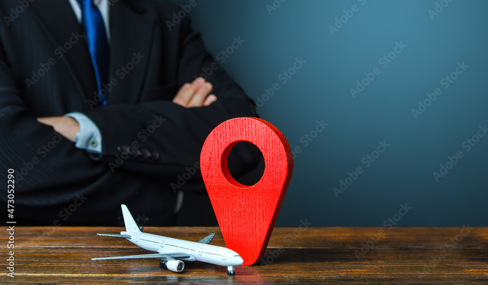 Passenger plane and red location pin map icon. Organization of air ...