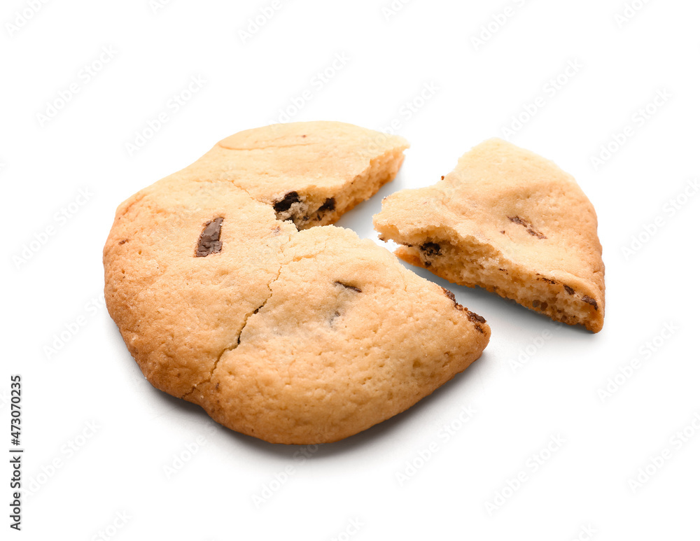 Broken cookie with chocolate chips on white background Stock Photo ...