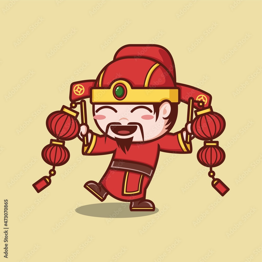 cute cartoon caishen god in chinese new year with lantern. vector ...