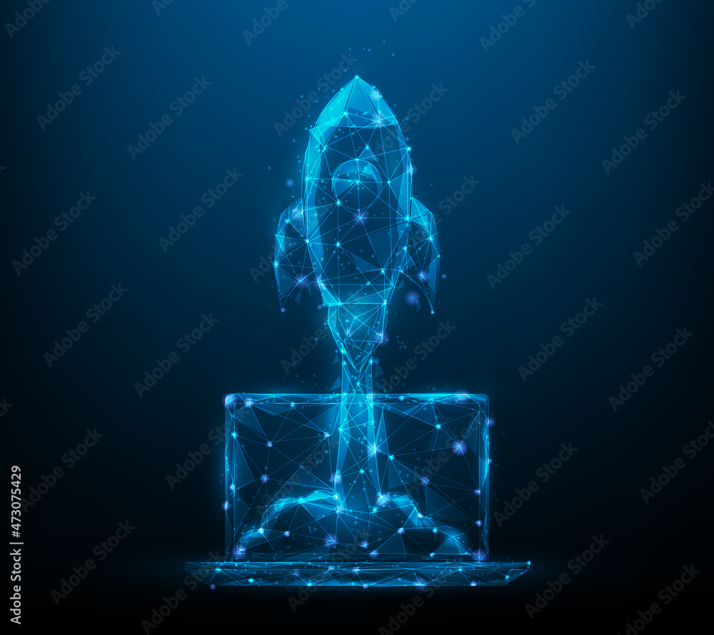 business rocket launch from laptop low poly. start up to success ...