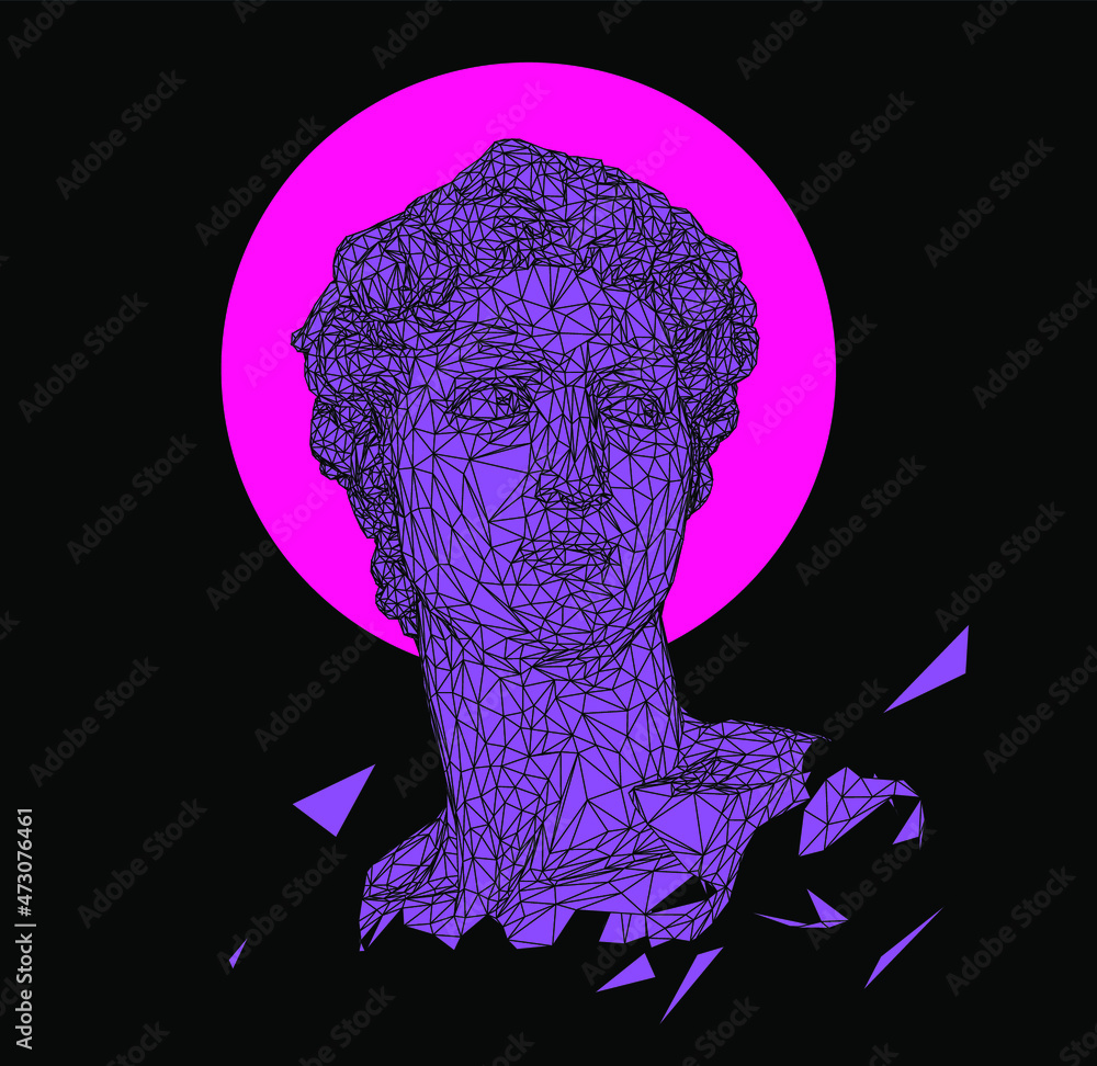 Retrofuturistic style 3D illustration of a low poly bust on dark ...