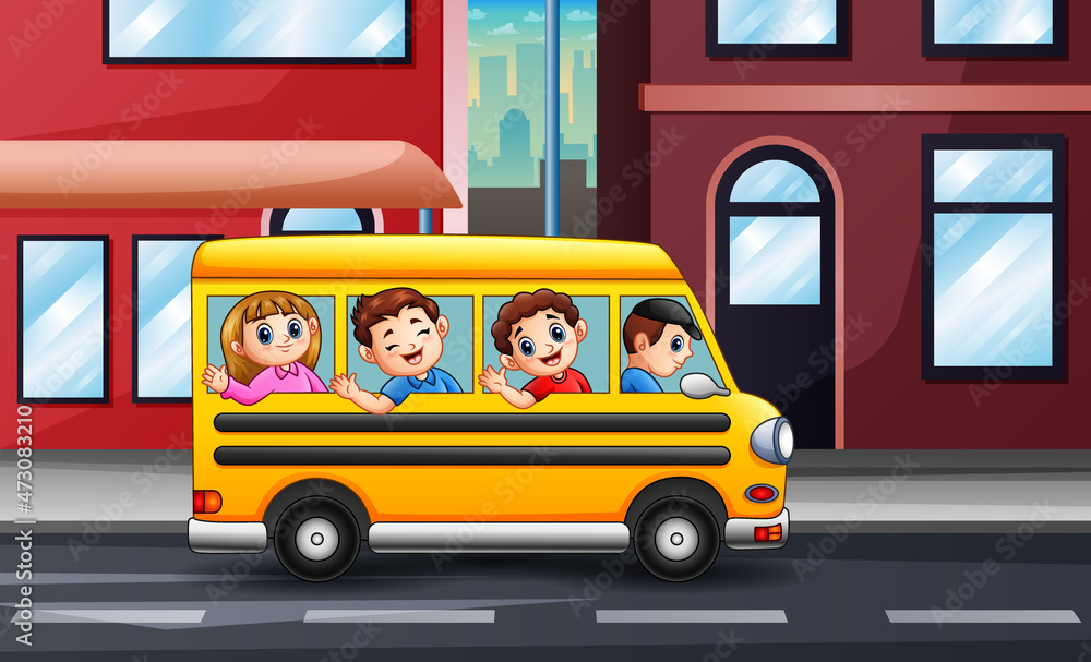 Cartoon happy children riding the school bus Stock Vector | Adobe Stock