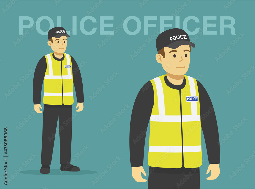 Isolated european traffic police officer with safety vest. Perspective ...