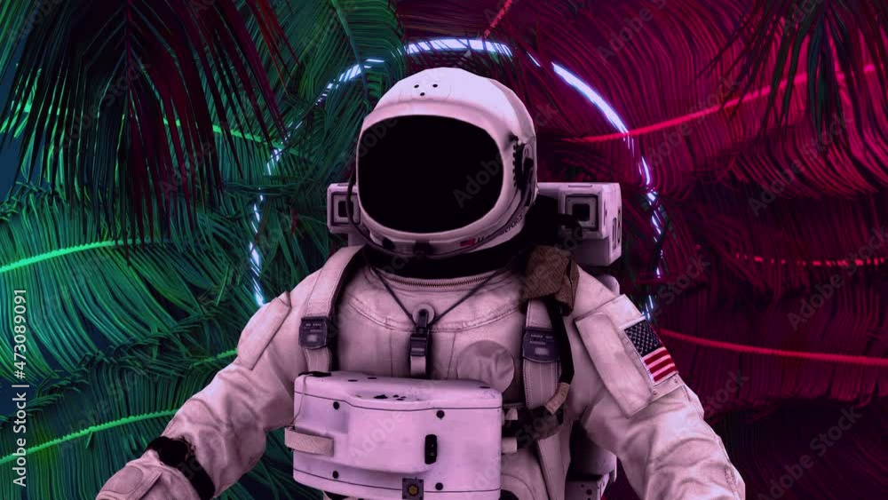 Astronaut In Search Of New Planets In Space. Neon Glowing Lights. Space ...