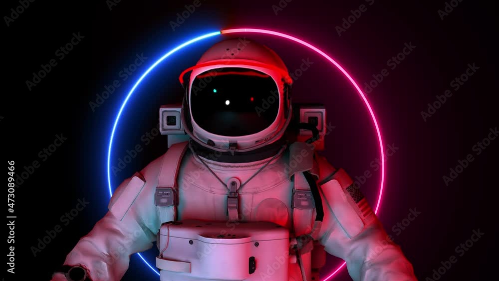 Astronaut In Search Of New Planets In Space. Neon Glowing Lights. Space ...