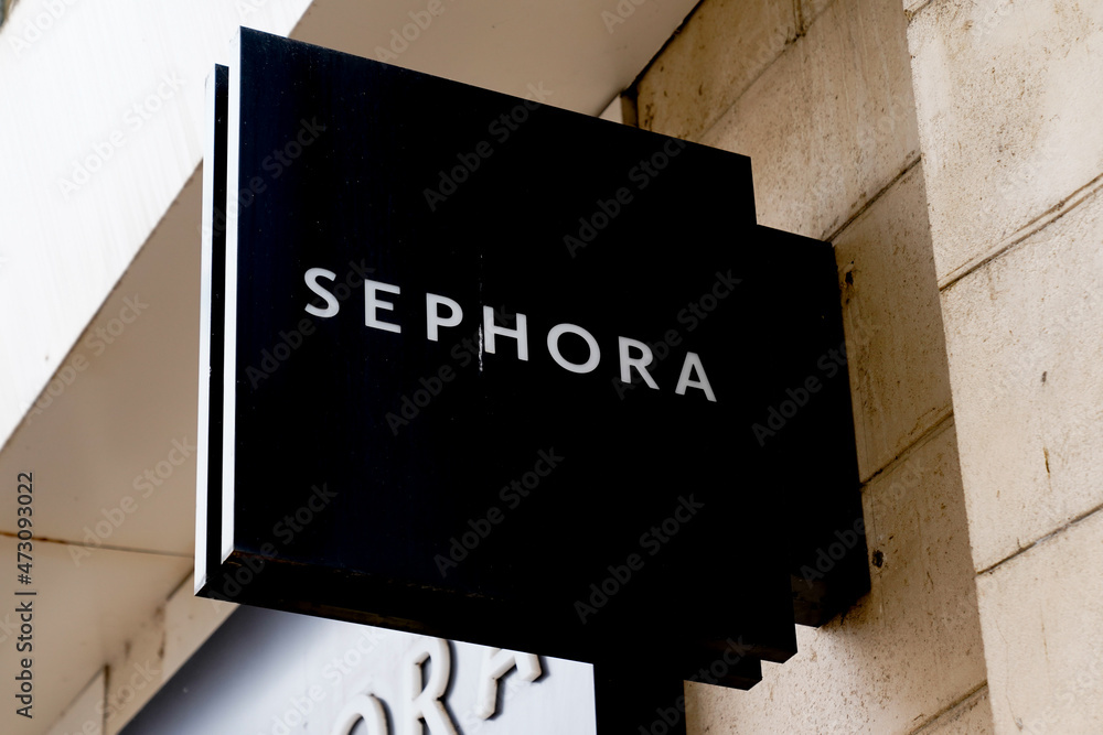 Sephora sign brand and text logo shop French facade chain of cosmetics ...