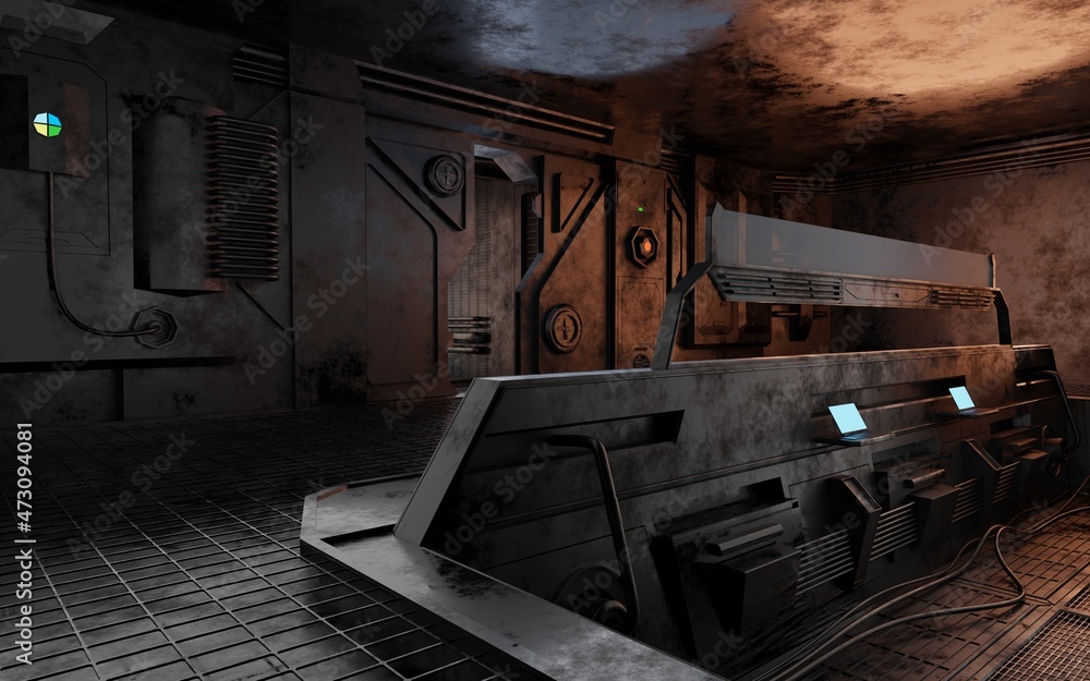 Side view laboratory control room in dark scene 3D rendering wallpaper ...