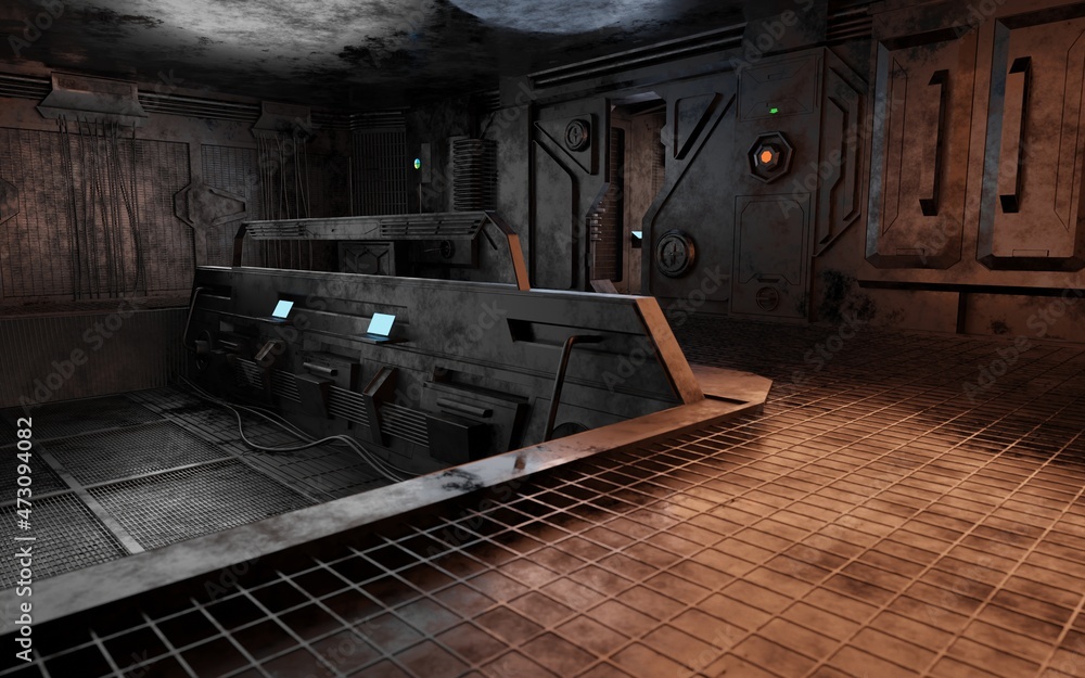 Sci-fi interior laboratory with control room in dark scene 3D rendering ...