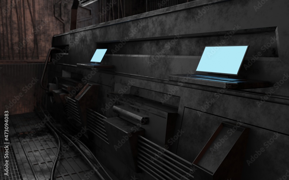 Laboratory control room in dark scene 3D rendering technology wallpaper ...